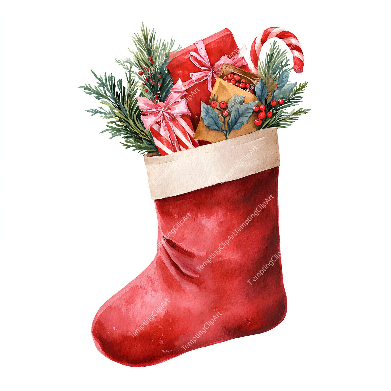 12 Christmas Stocking Clipart | Red Holiday Sock Filled, Watercolor ...
