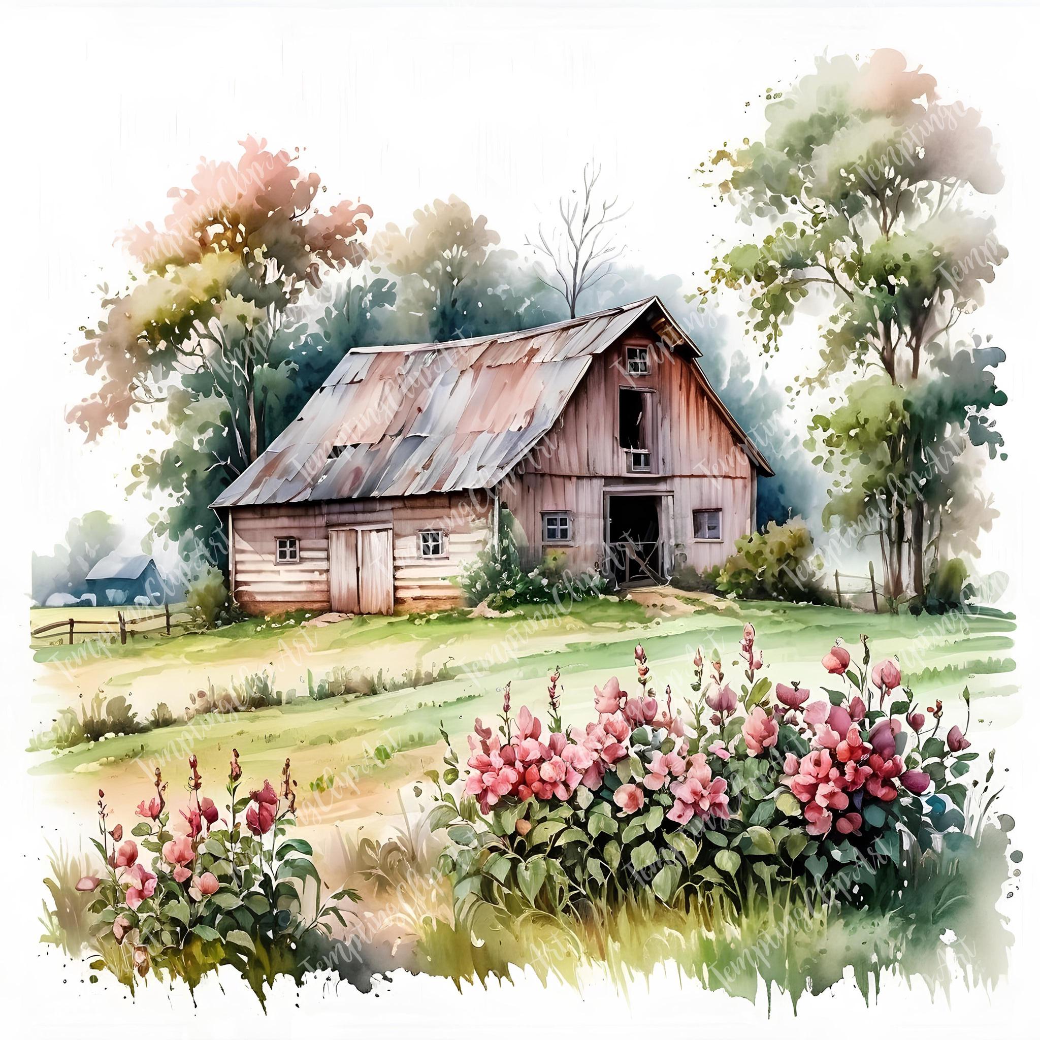 Old Wooden Barn JPG Bundle, Rural Field Landscape, Nostalgic Watercolor ...