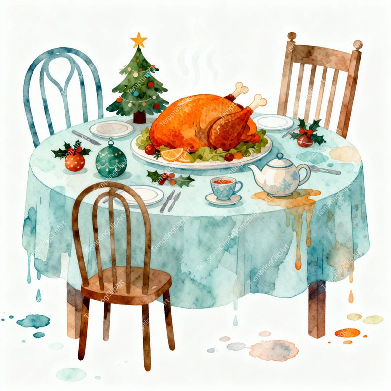 Watercolor Christmas Dinner Clipart | Festive Turkey Table (digital ...