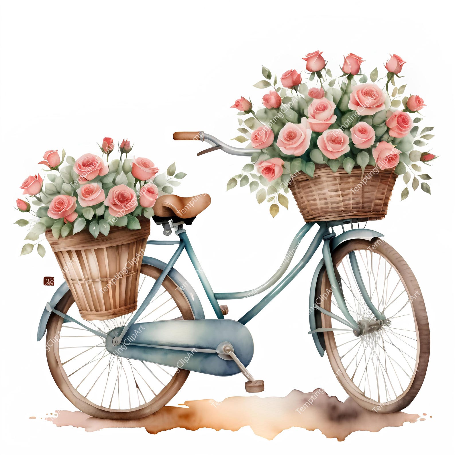 10 Watercolor Vintage Bicycle Clipart | Romantic Bike With Basket of ...