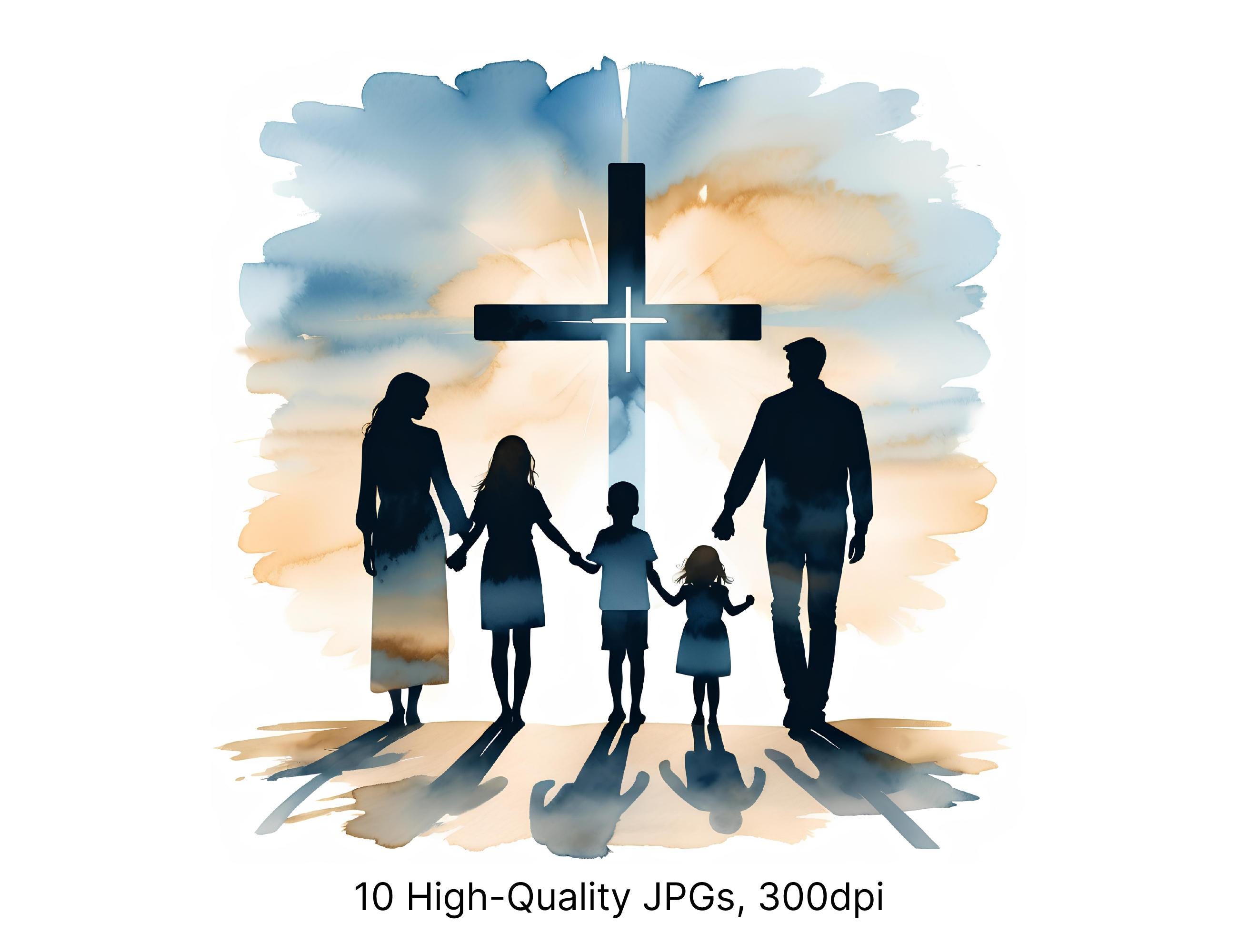10 Christian Family Clipart | Silhouette & Cross, Printable Watercolor ...