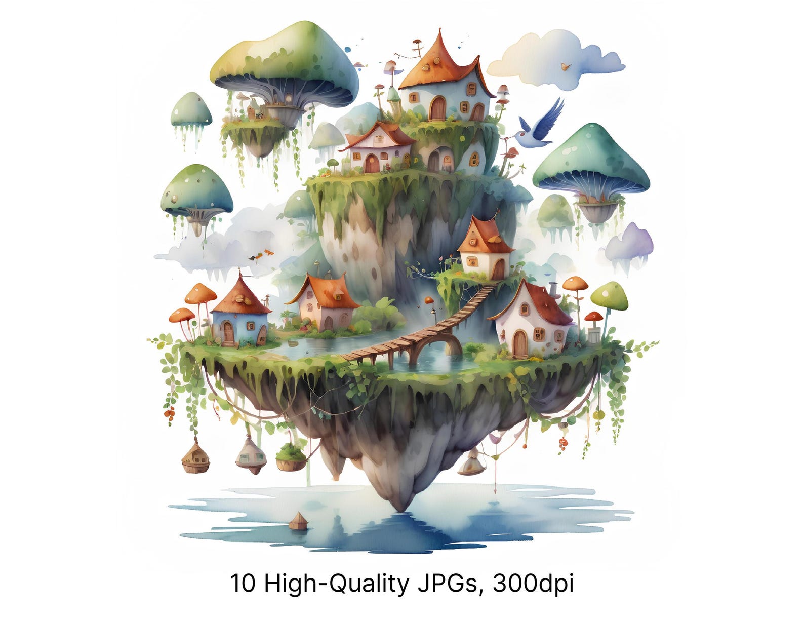 10 Fantasy Floating Island Clipart Set | Watercolor Sky Castles, Magic ...