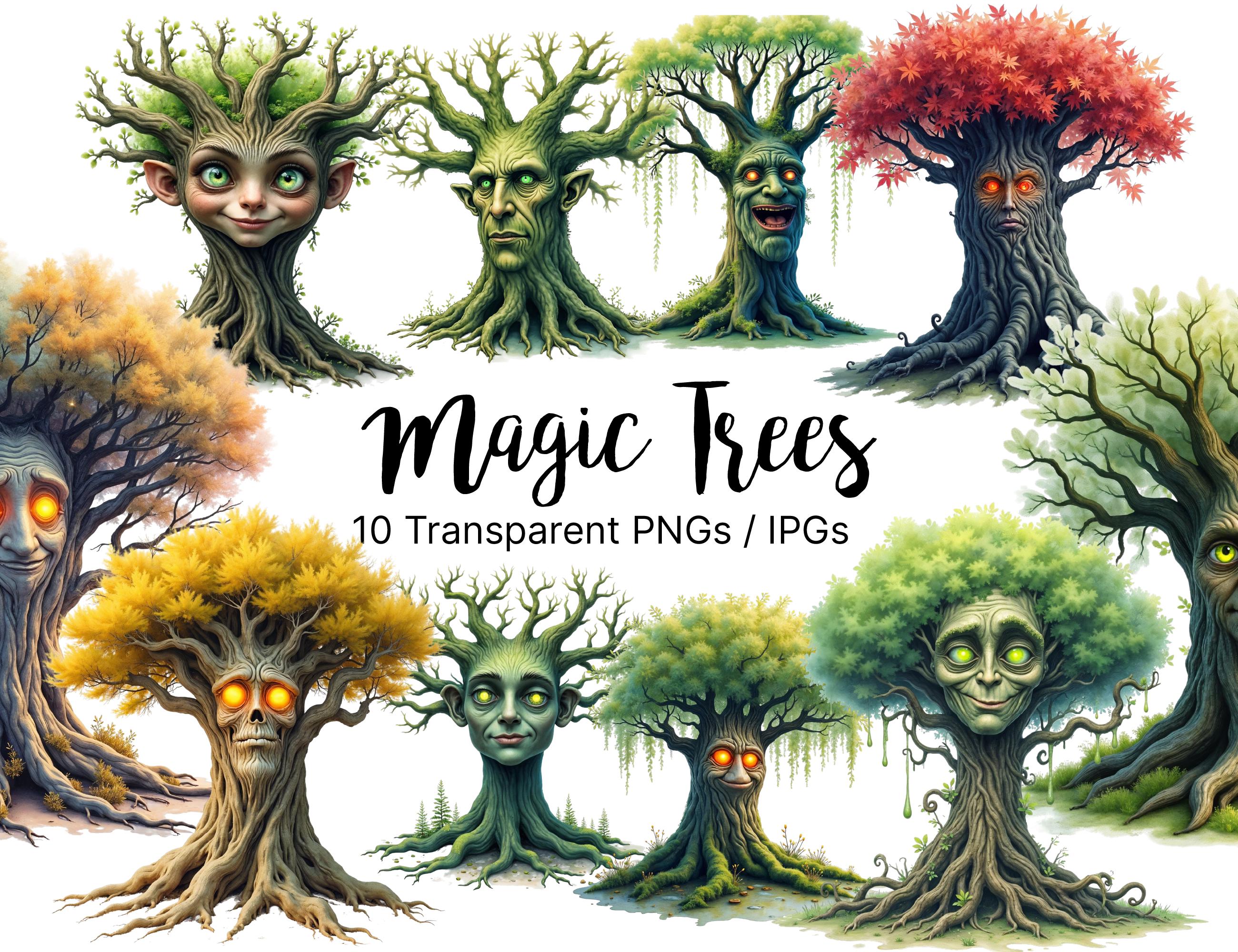 Ancient Tree Clipart | Watercolor Fantasy Tree With Face, Glowing Eyes ...