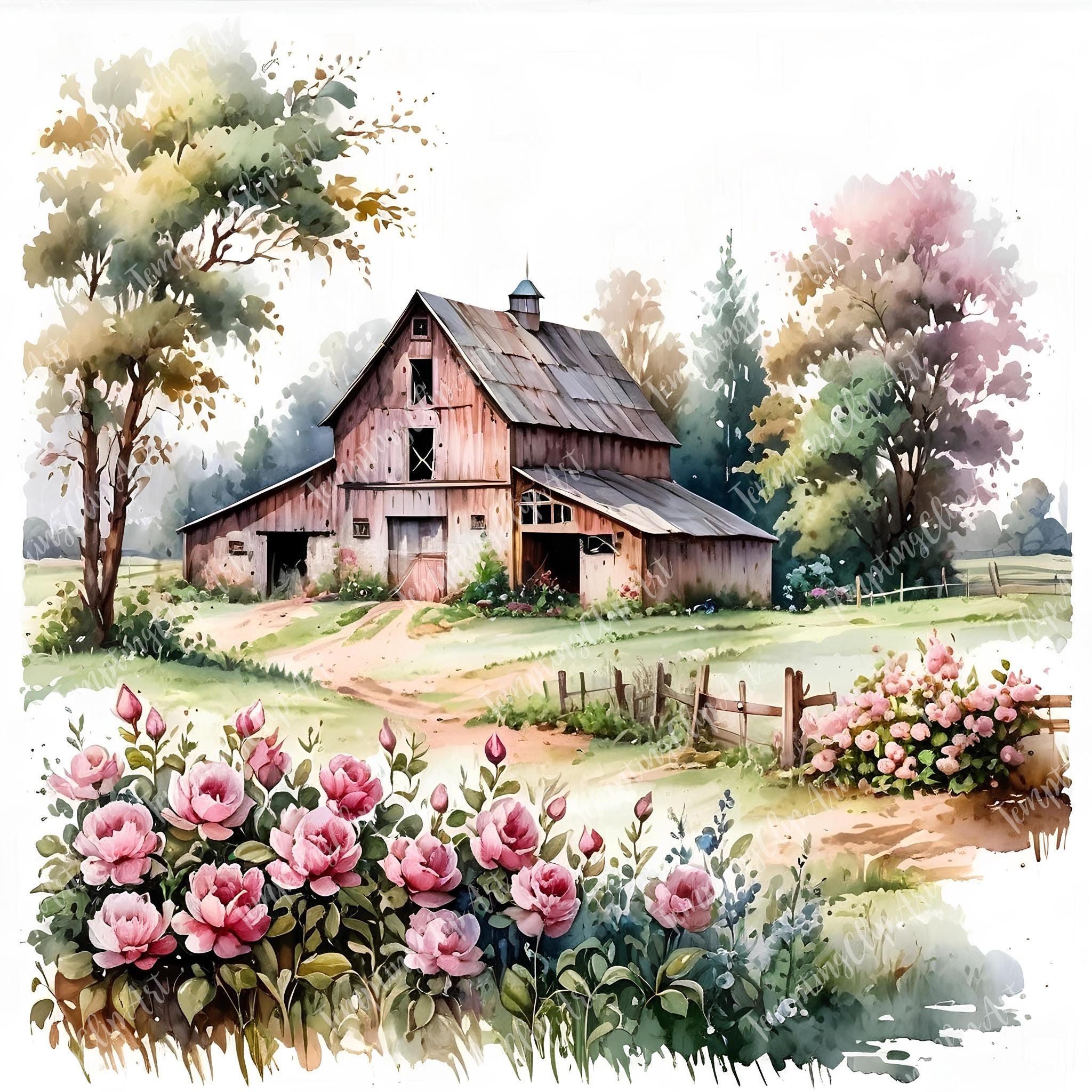 Old Wooden Barn JPG Bundle, Rural Field Landscape, Nostalgic Watercolor ...