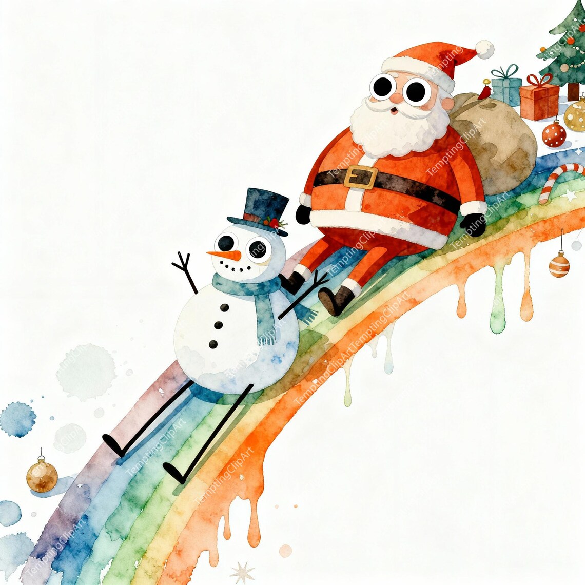 12 Santa and Elf on Rainbow Clipart | Christmas Printable Watercolor ...
