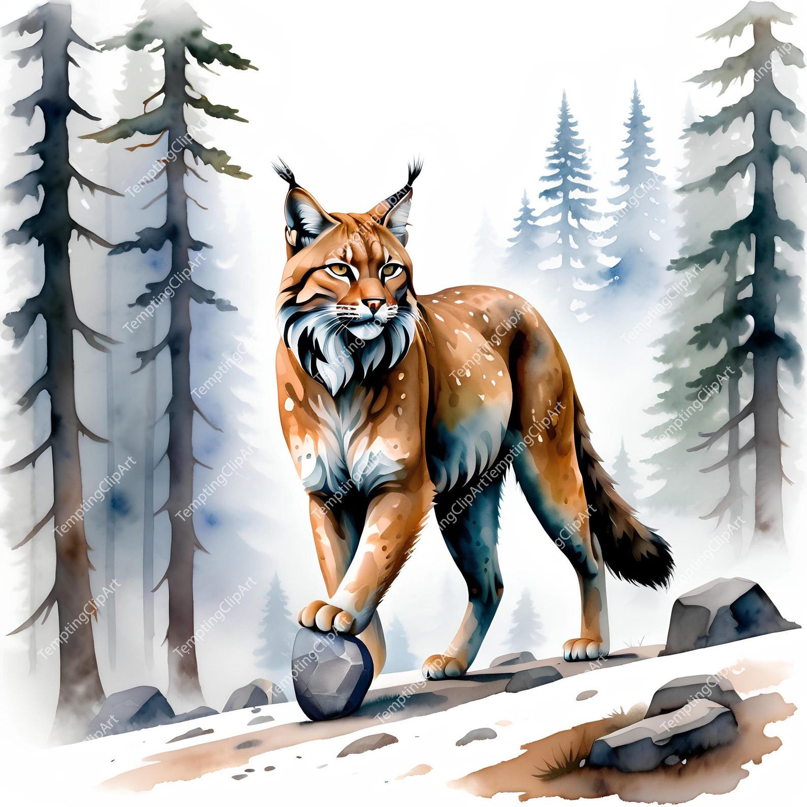 Watercolor Lynx Clipart: Misty Pine Forest Animal Art (digital Download ...