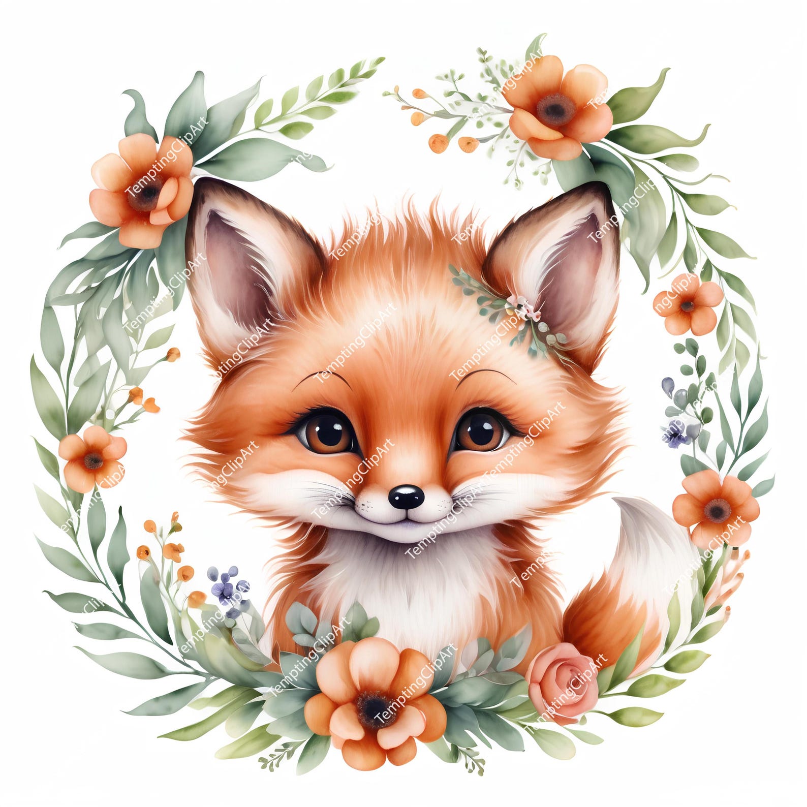 10 Baby Fox Clipart | Woodland Foxes in Floral Wreaths, Watercolor ...