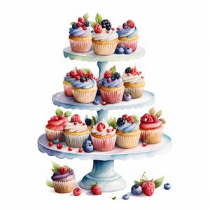 10 Watercolor Cake Stand Clipart With Cupcakes and Berries | High ...
