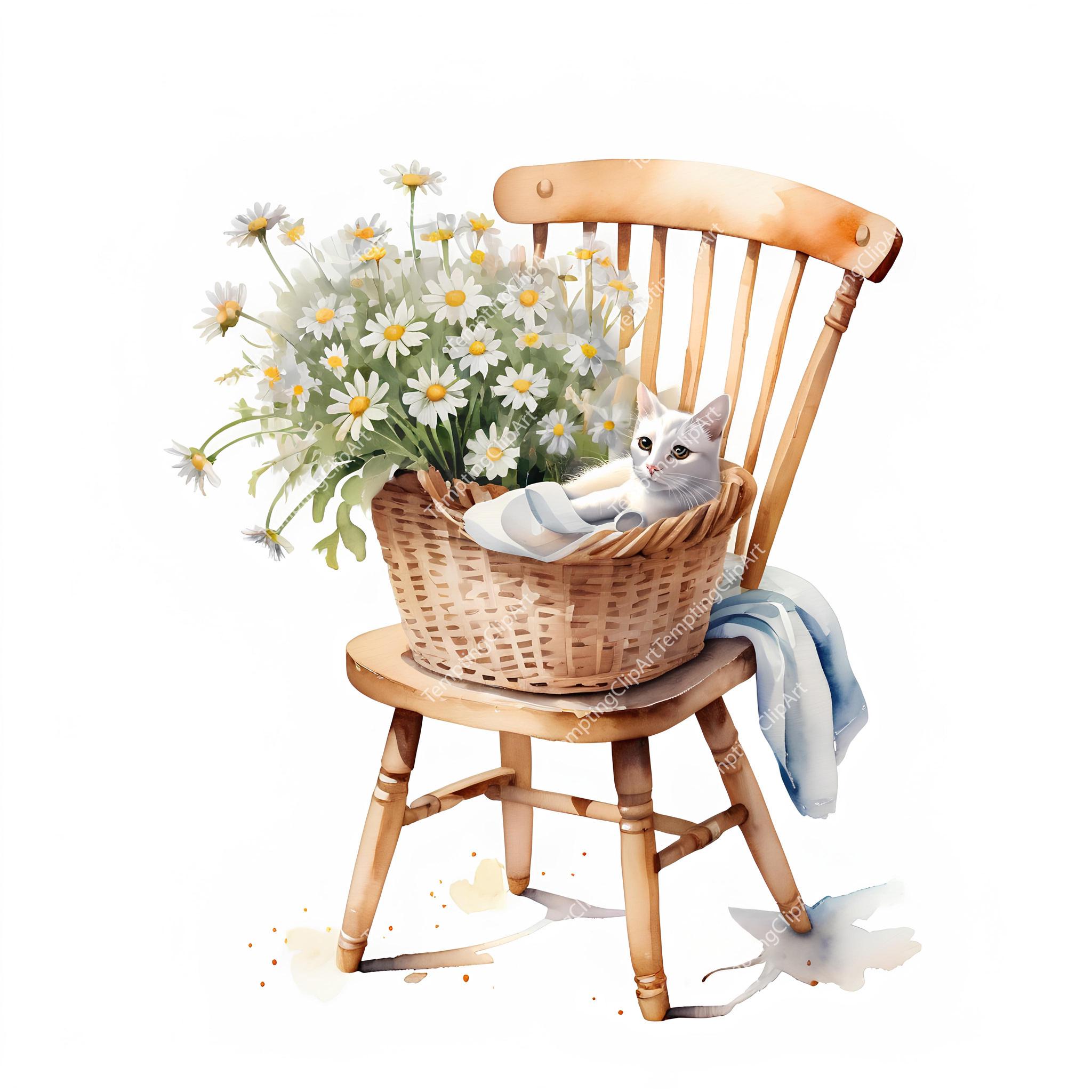 10 Wooden Chair With Daisy Flowers Clipart | Rustic Basket, Watercolor ...