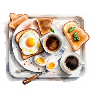 10 Watercolor Breakfast Tray Clipart With Eggs, Toast and Coffee | High ...