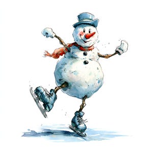 Watercolor Snowman Clipart | Goofy Cartoon, Ice Skating (digital ...
