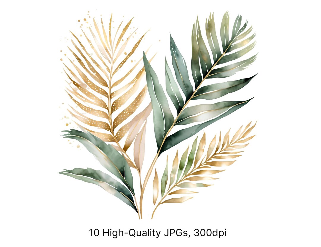 10 Watercolor Palm Frond Clipart | Mint Green Tropical Leaf With Gold ...