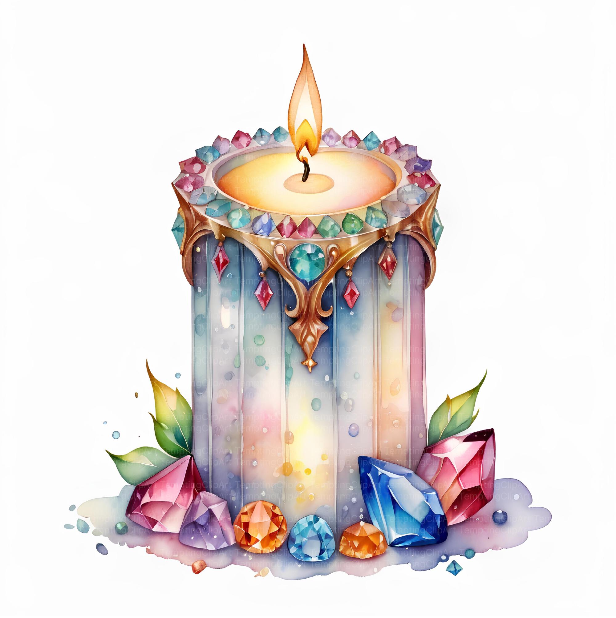 10 Watercolor Crystal Candle Clipart | Magical Gemstone Candles ...