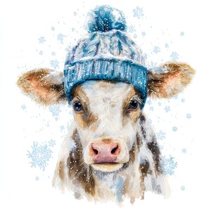 Christmas Cow Clipart | Watercolor Calf With Knitted Hat (digital ...