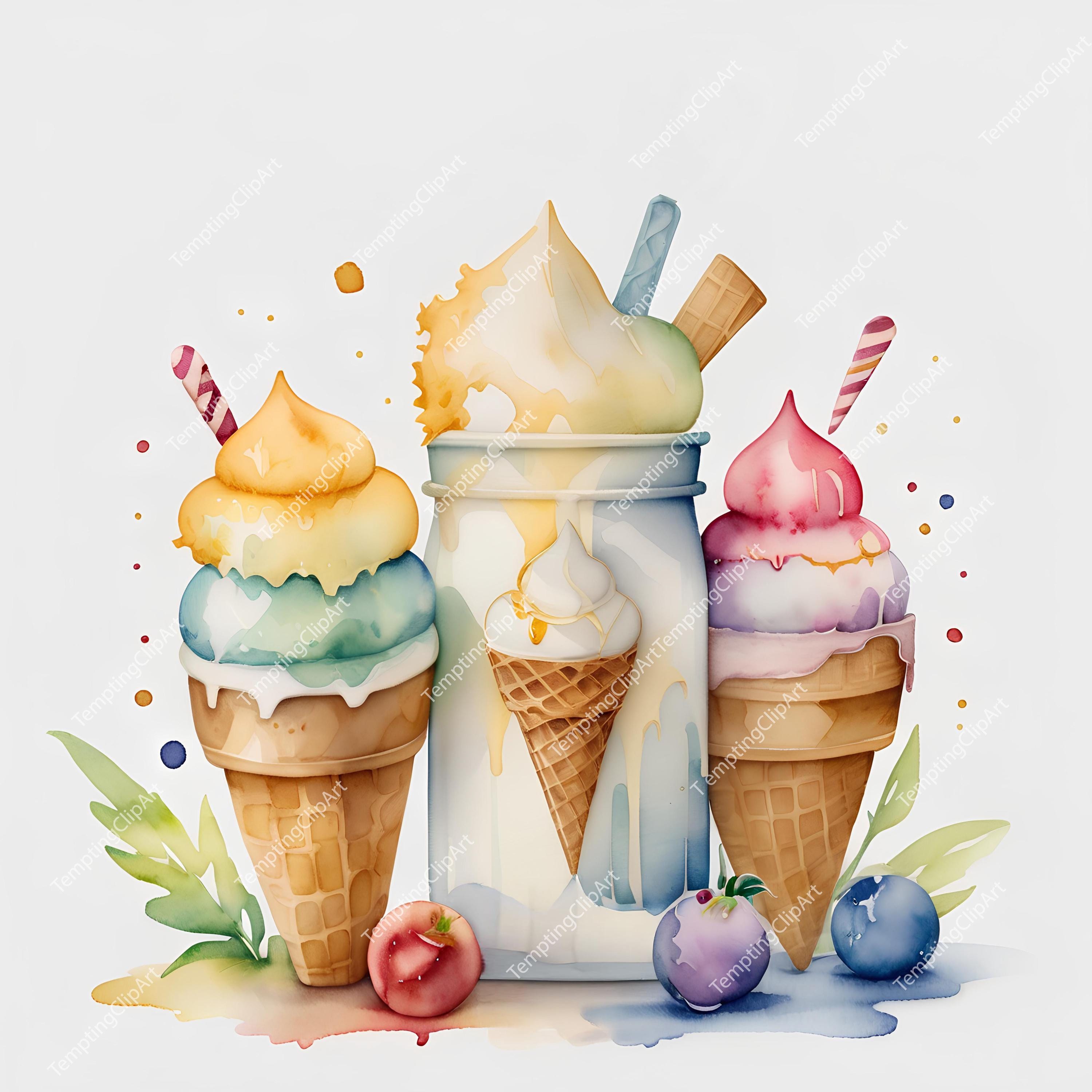 10 Watercolor Ice Cream & Milk Bottle Clipart | Pastel Dessert, Summer ...