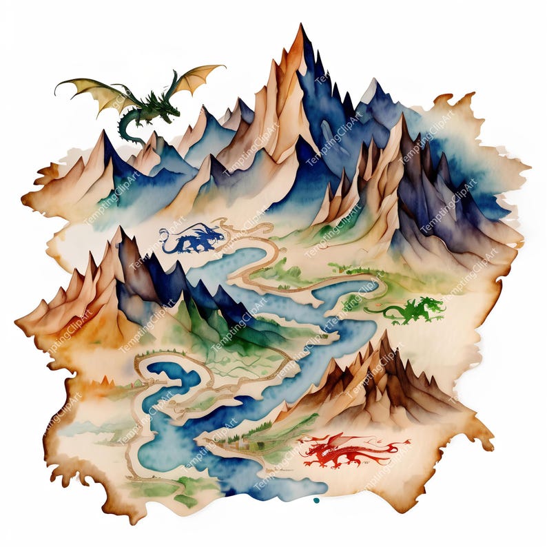 10 Fantasy Maps With Dragons & Mountains | Watercolor Parchment ...