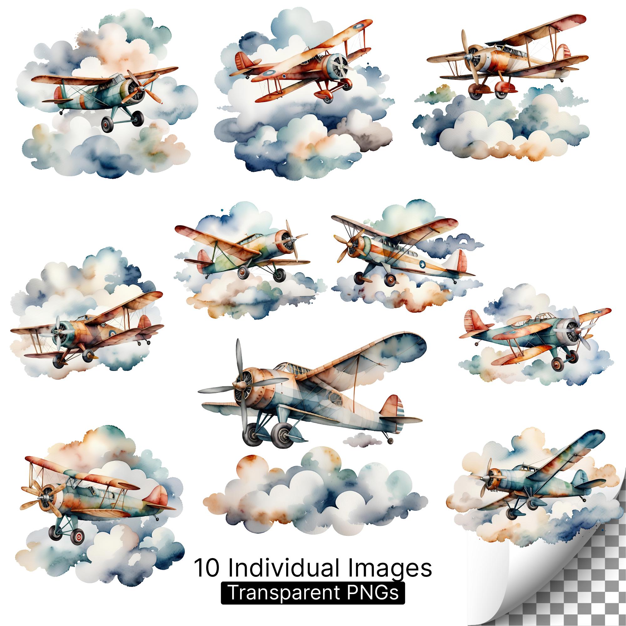 Watercolor Airplane Clipart: Vintage Travel PNG Graphics (digital ...