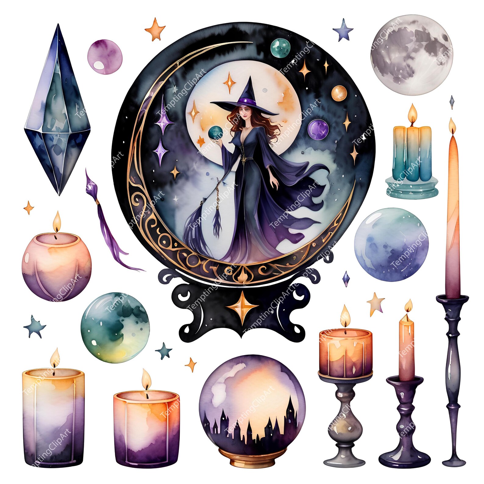 10 Modern Witch Paraphernalia Clipart | Watercolor Tarot Cards, Crystal ...