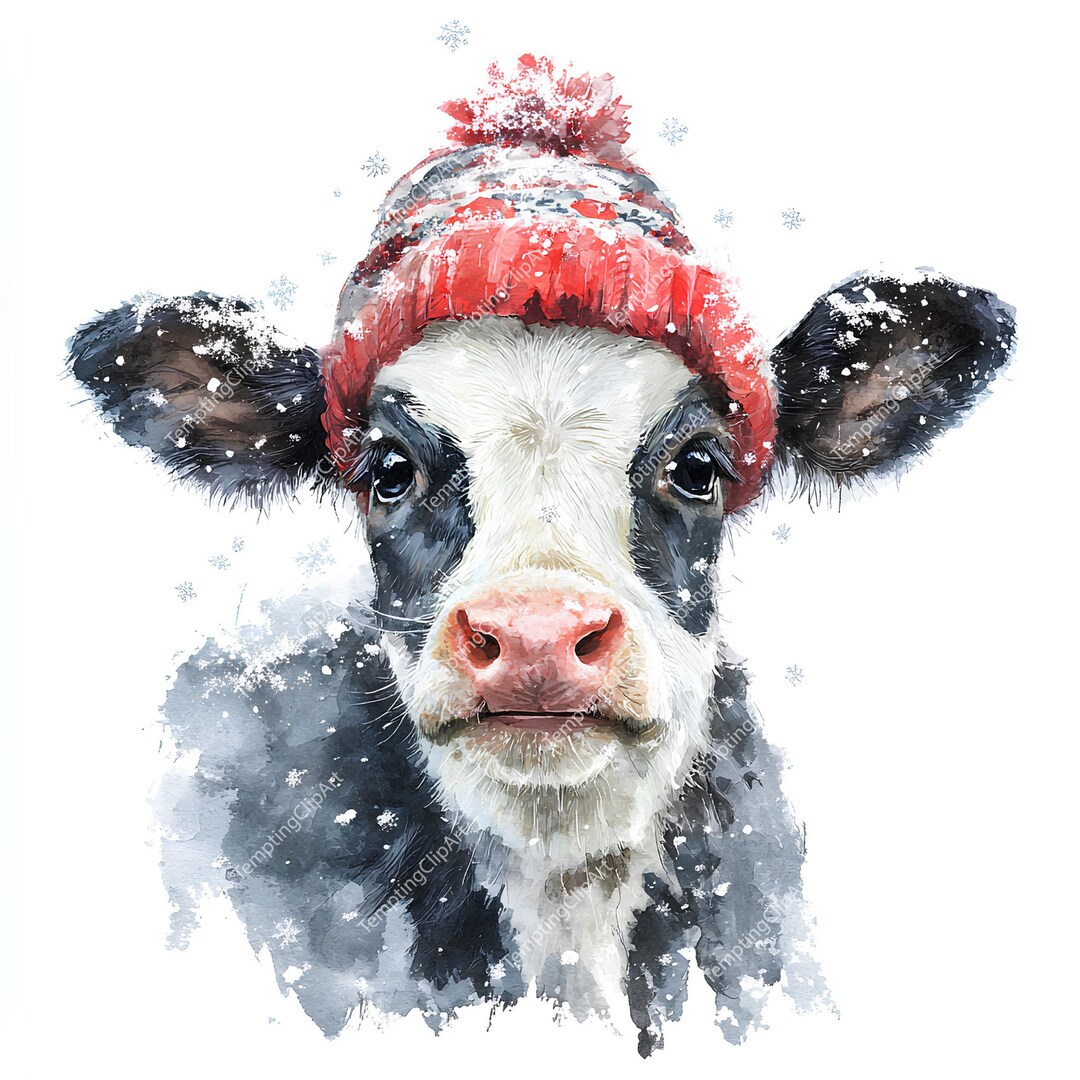 Christmas Cow Clipart | Watercolor Calf With Knitted Hat (digital ...