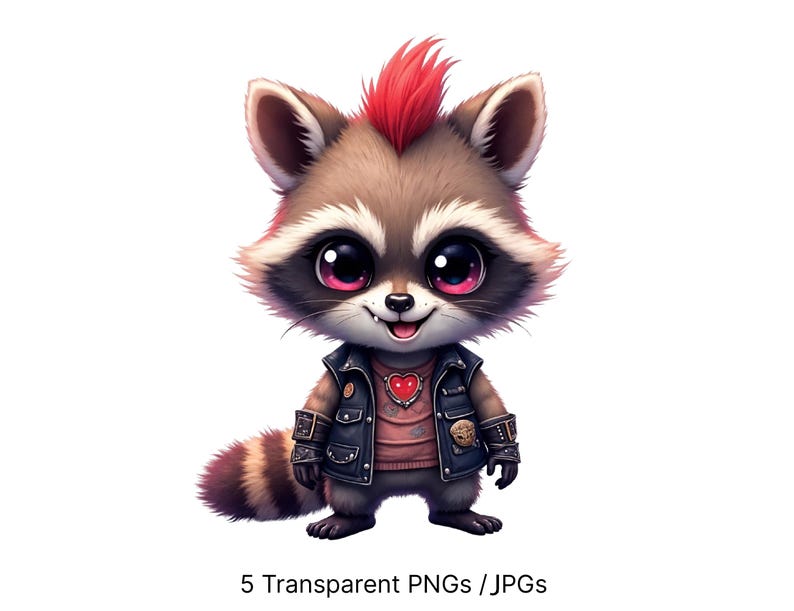 5 Cute Punk Raccoon Clipart | Raccoon in Leather Rock Jacket Png ...