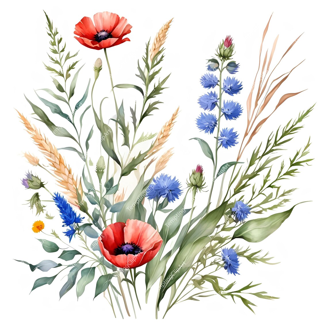 10 Boho Wildflowers Clipart | Watercolor Poppies & Cornflowers, Rustic ...