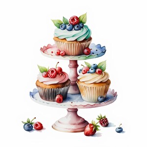10 Watercolor Cake Stand Clipart With Cupcakes and Berries | High ...