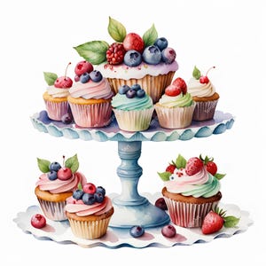 10 Watercolor Cake Stand Clipart With Cupcakes and Berries | High ...