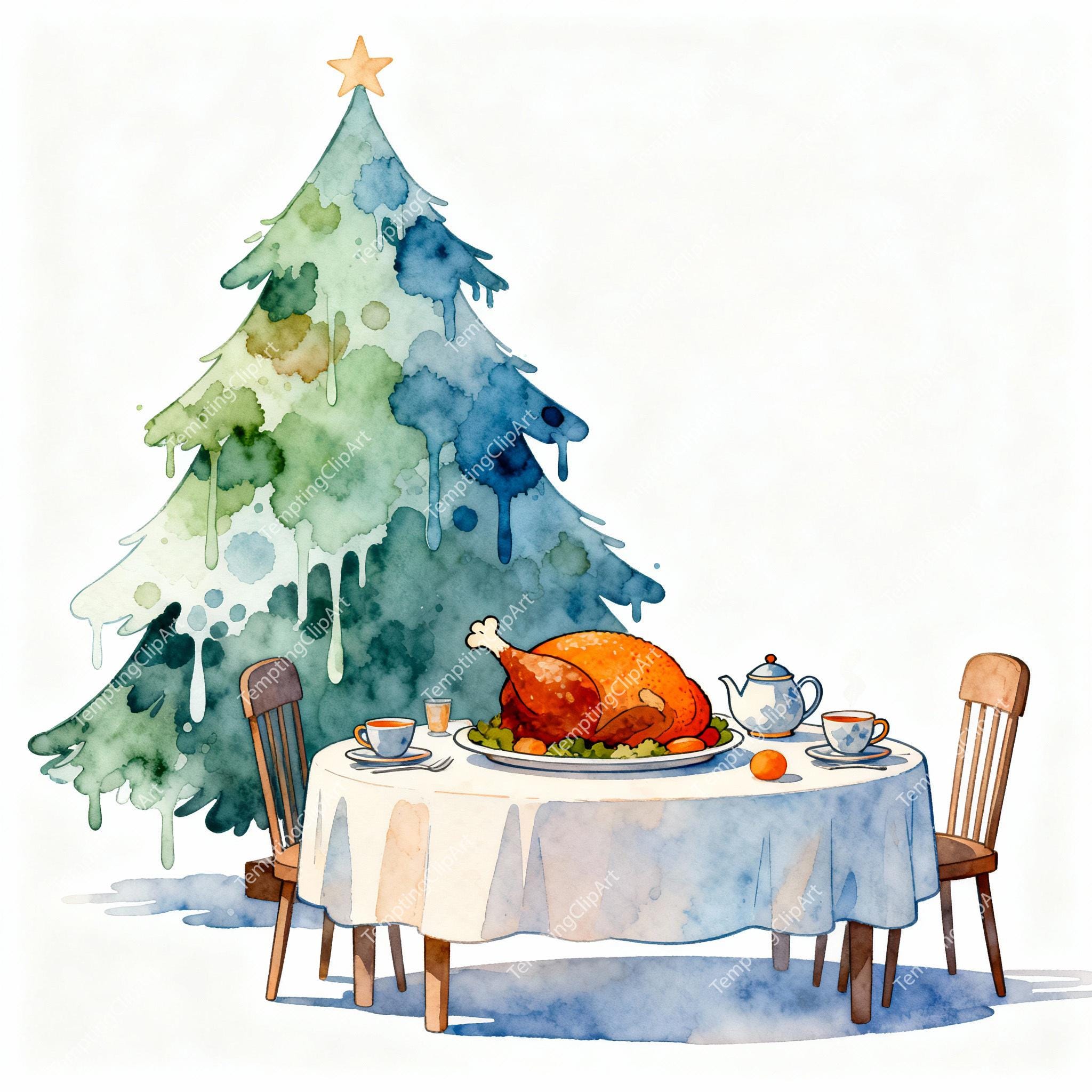 Watercolor Christmas Dinner Clipart | Festive Turkey Table (digital ...