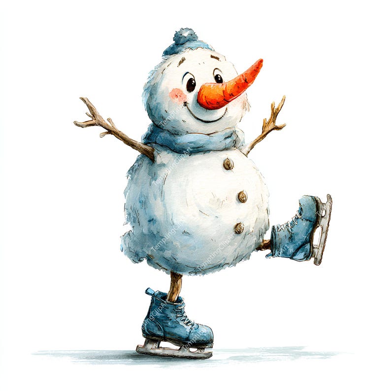 Watercolor Snowman Clipart | Goofy Cartoon, Ice Skating (digital ...