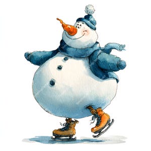 Watercolor Snowman Clipart | Goofy Cartoon, Ice Skating (digital ...