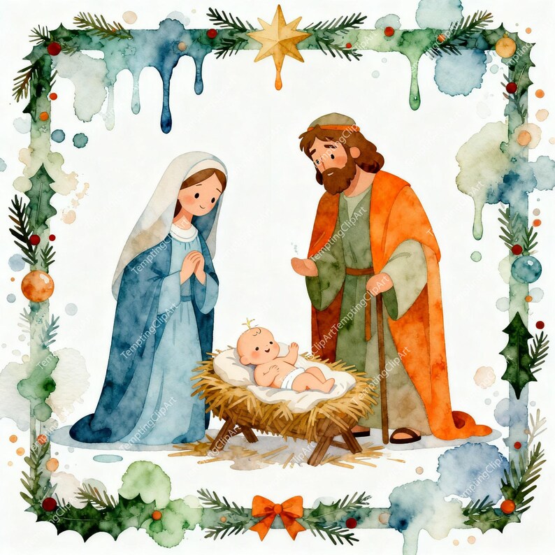 10 Baby Jesus With Mary and Joseph | Christmas Clipart, Watercolor ...