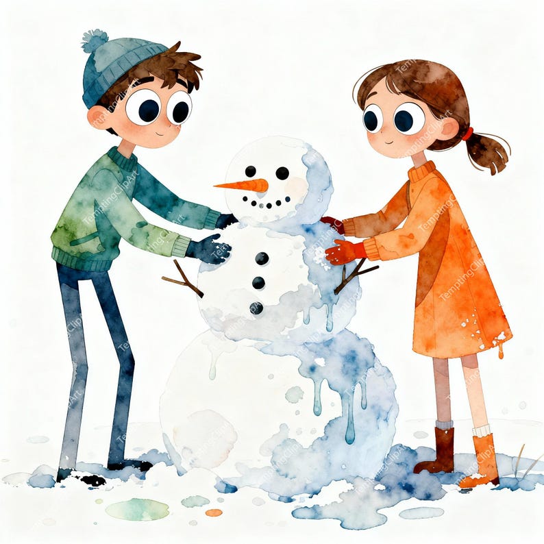16 Christmas Kids Clipart | Boy & Girl Building a Snowman, Watercolor ...
