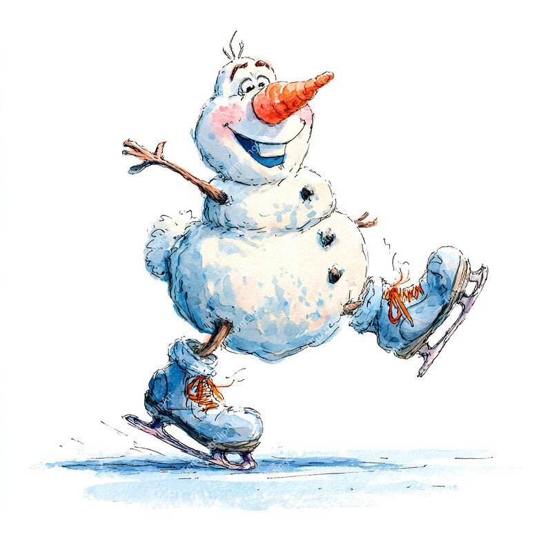 Watercolor Snowman Clipart | Goofy Cartoon, Ice Skating (digital ...