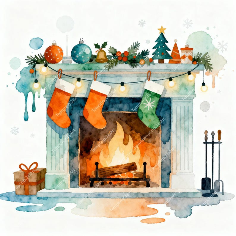 11 Festive Fireplace & Christmas Stockings Clipart | Watercolor Clipart ...