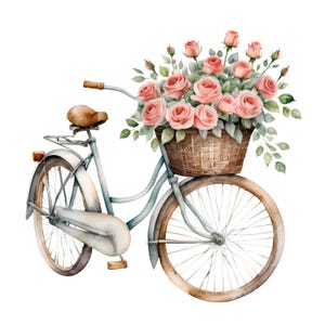 10 Watercolor Vintage Bicycle Clipart | Romantic Bike With Basket of ...