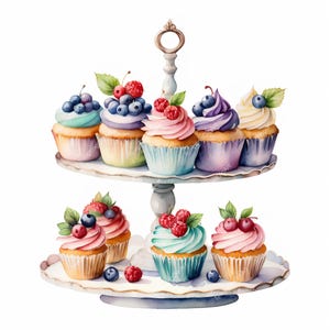 10 Watercolor Cake Stand Clipart With Cupcakes and Berries | High ...
