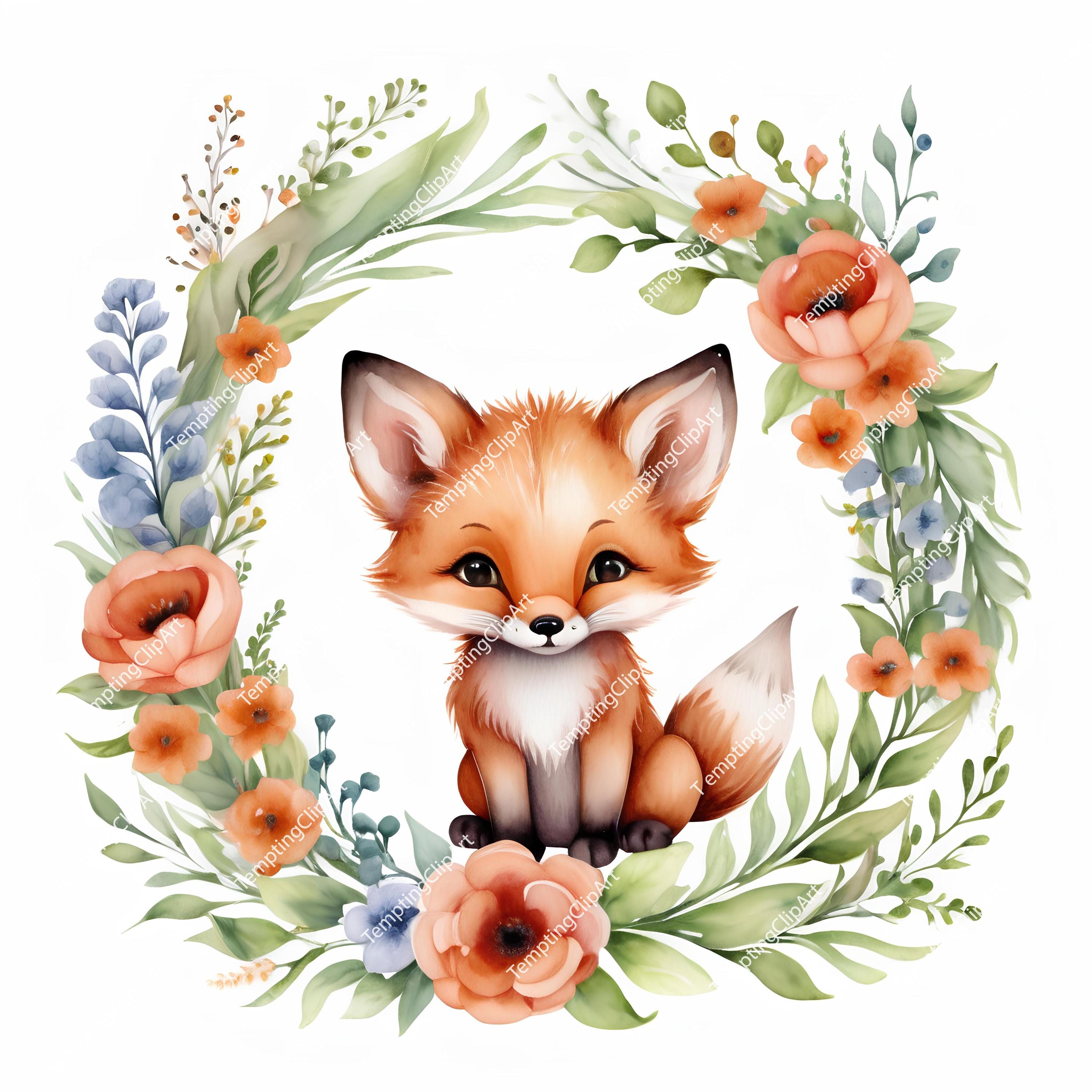 10 Baby Fox Clipart | Woodland Foxes in Floral Wreaths, Watercolor ...