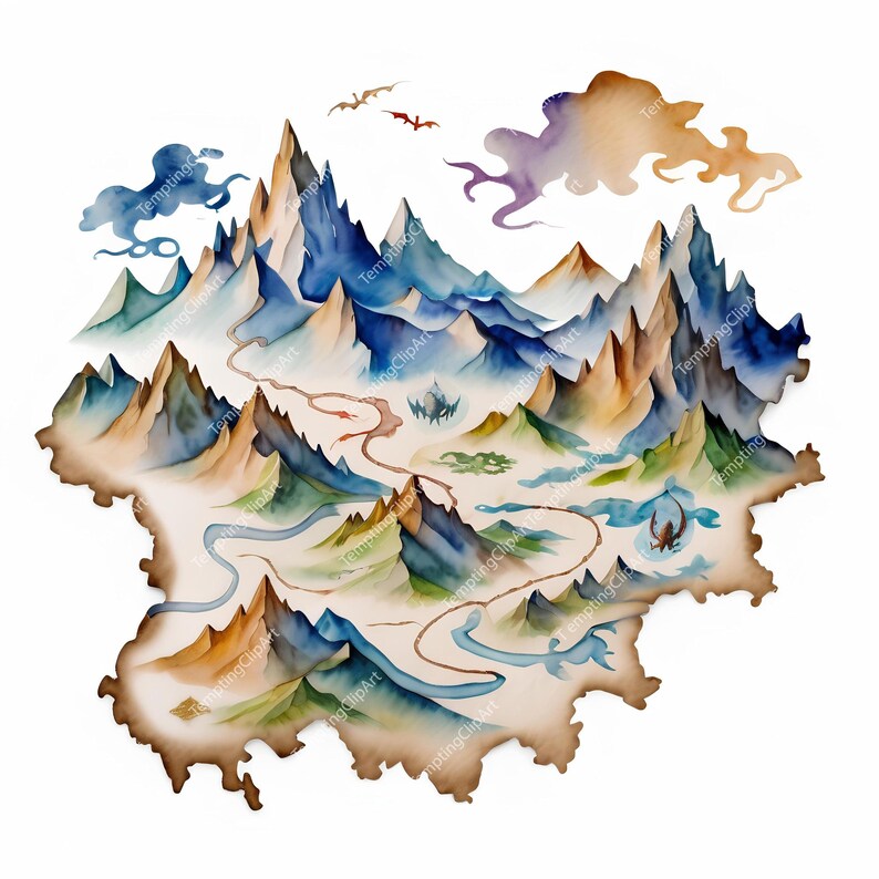 10 Fantasy Maps With Dragons & Mountains | Watercolor Parchment ...