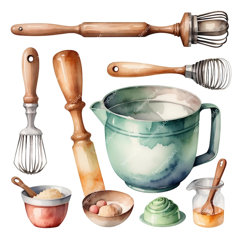 10 Vintage Kitchen Utensils for Baking Clipart | Watercolor ...