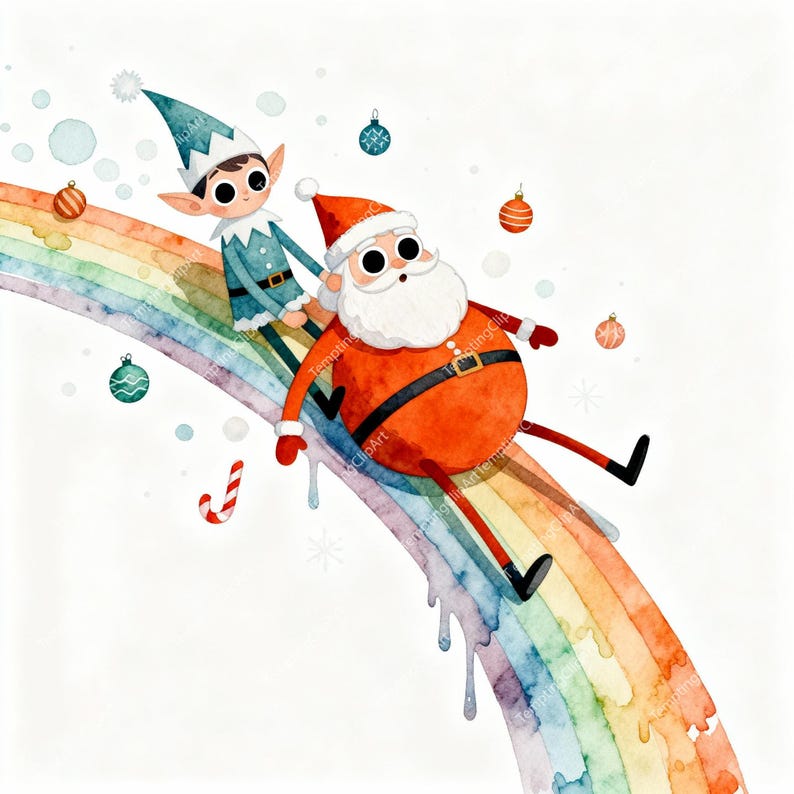 12 Santa and Elf on Rainbow Clipart | Christmas Printable Watercolor ...