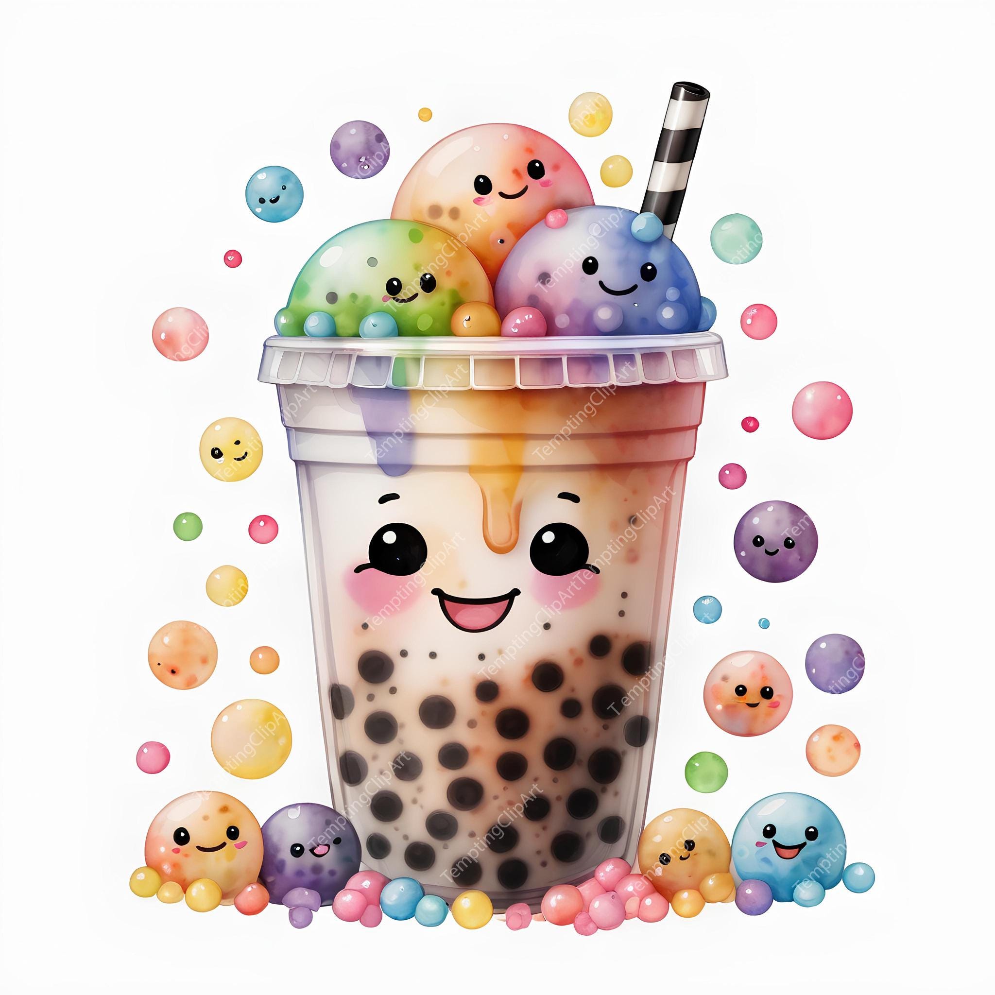 10 Kawaii Boba Tea Clipart | Watercolor Cute Bubble Tea Cup With Smile ...