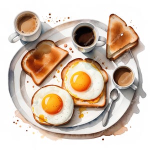10 Watercolor Breakfast Tray Clipart With Eggs, Toast and Coffee | High ...