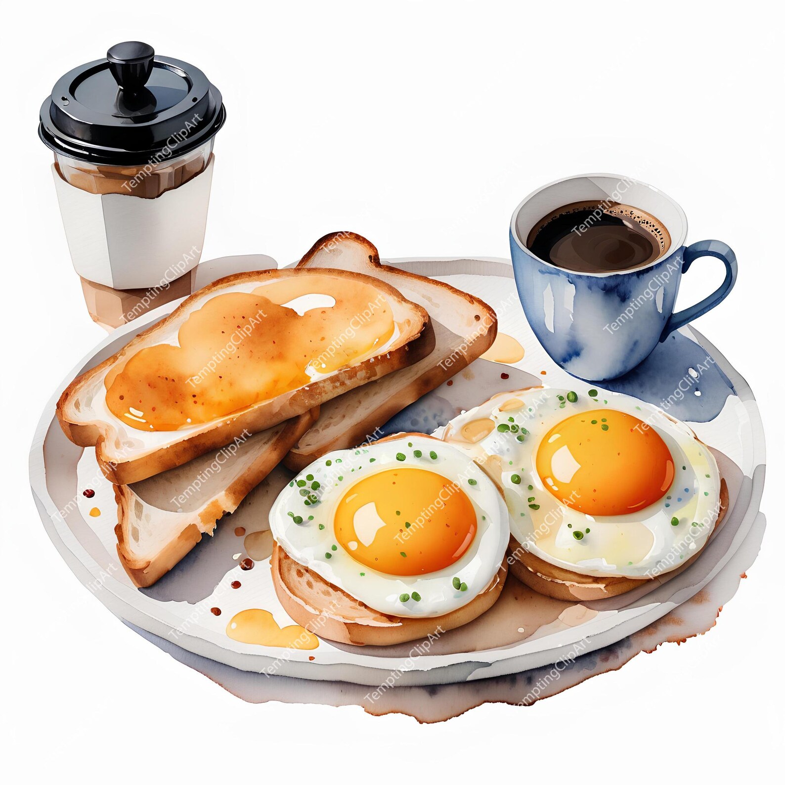 10 Watercolor Breakfast Tray Clipart With Eggs, Toast and Coffee | High ...