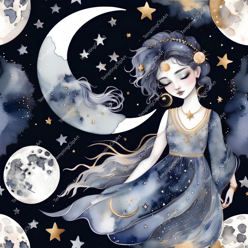 10 Celestial Moon Phase Clipart | Watercolor Full Moon, Crescent ...