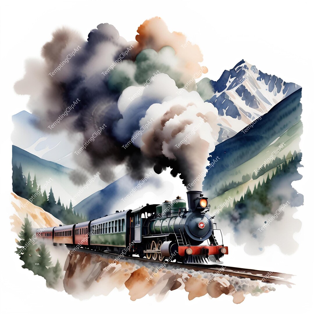 10 Vintage Steam Train & Mountains | Travel Printable Watercolor ...