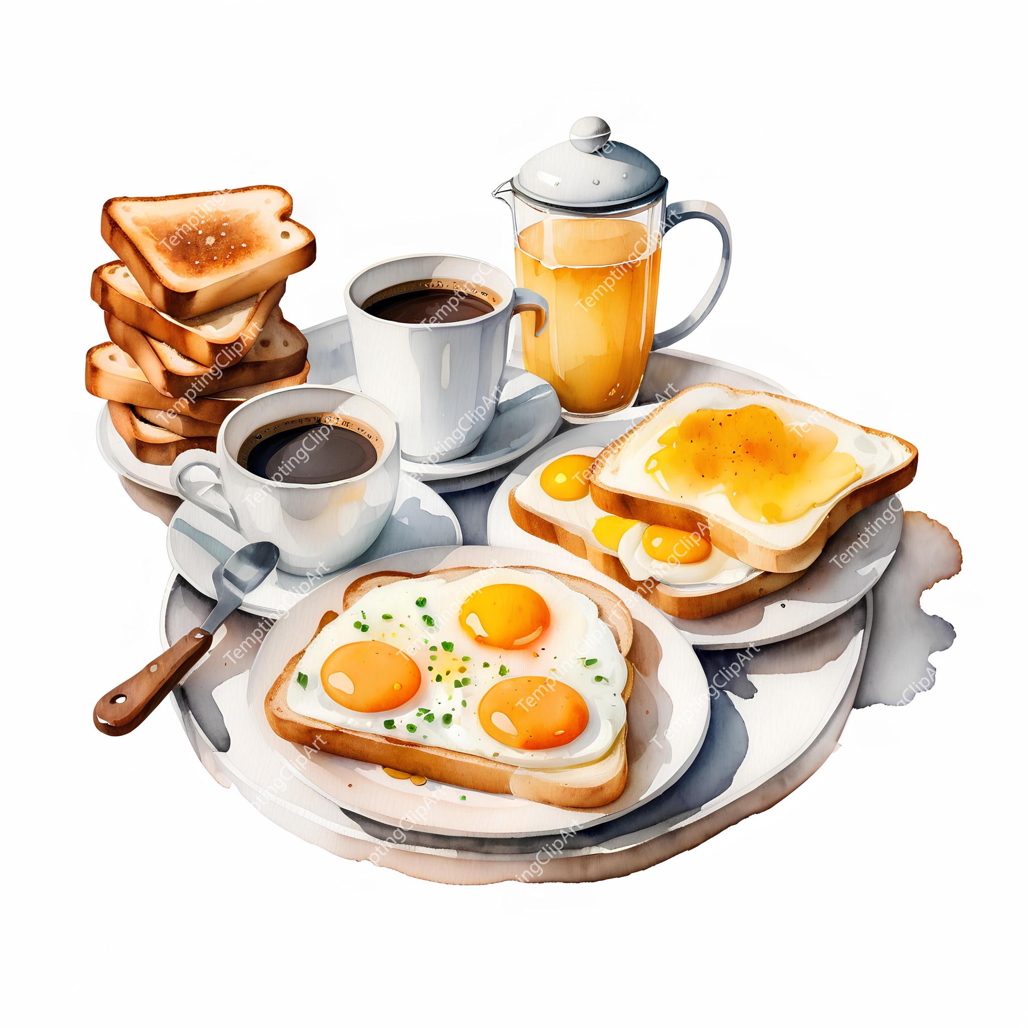 10 Watercolor Breakfast Tray Clipart With Eggs, Toast and Coffee | High ...