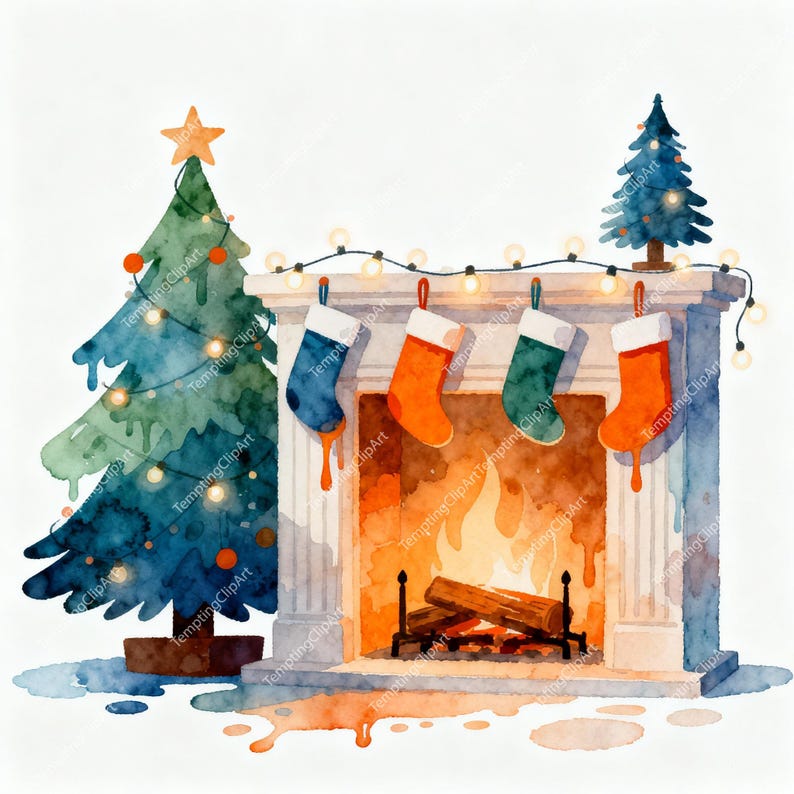 11 Festive Fireplace & Christmas Stockings Clipart | Watercolor Clipart ...