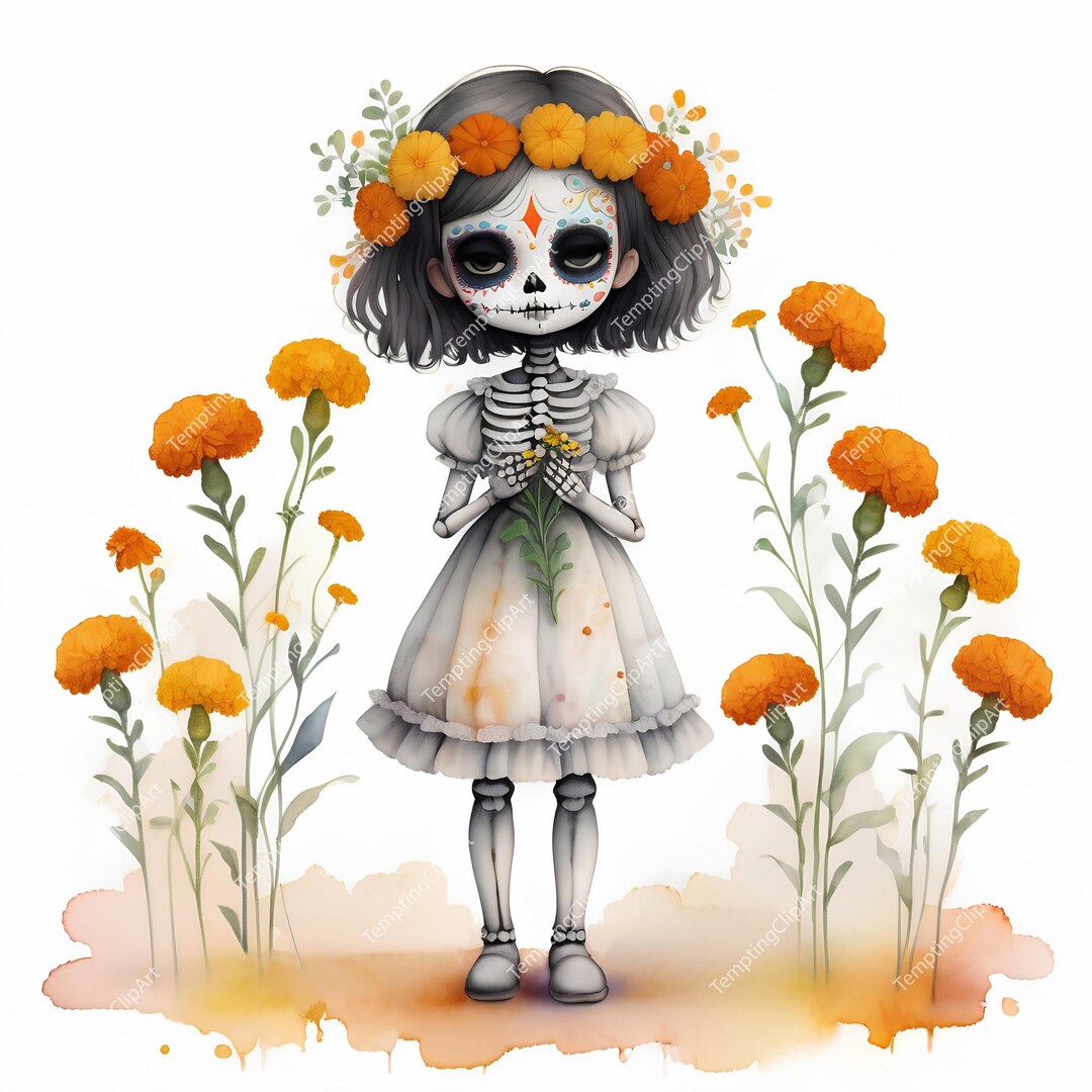 15 Tiny Day of the Dead Girl Watercolor Clipart | Cute Pastel Día De ...