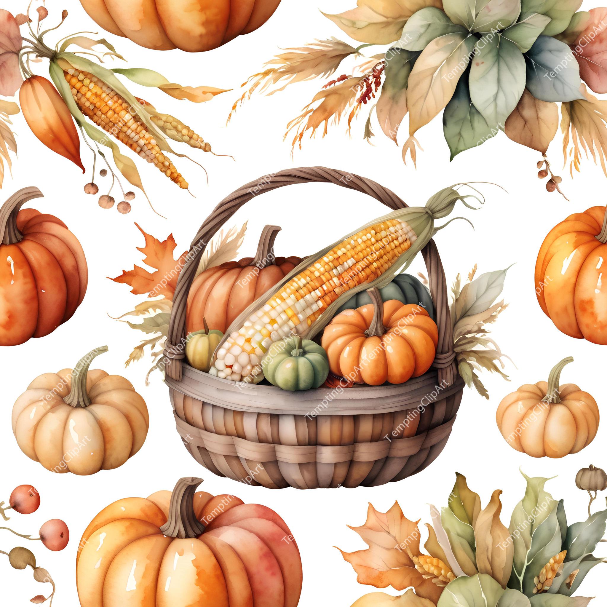 15 Thanksgiving Basket Clipart | Fall Vegetables Autumn, Watercolor ...