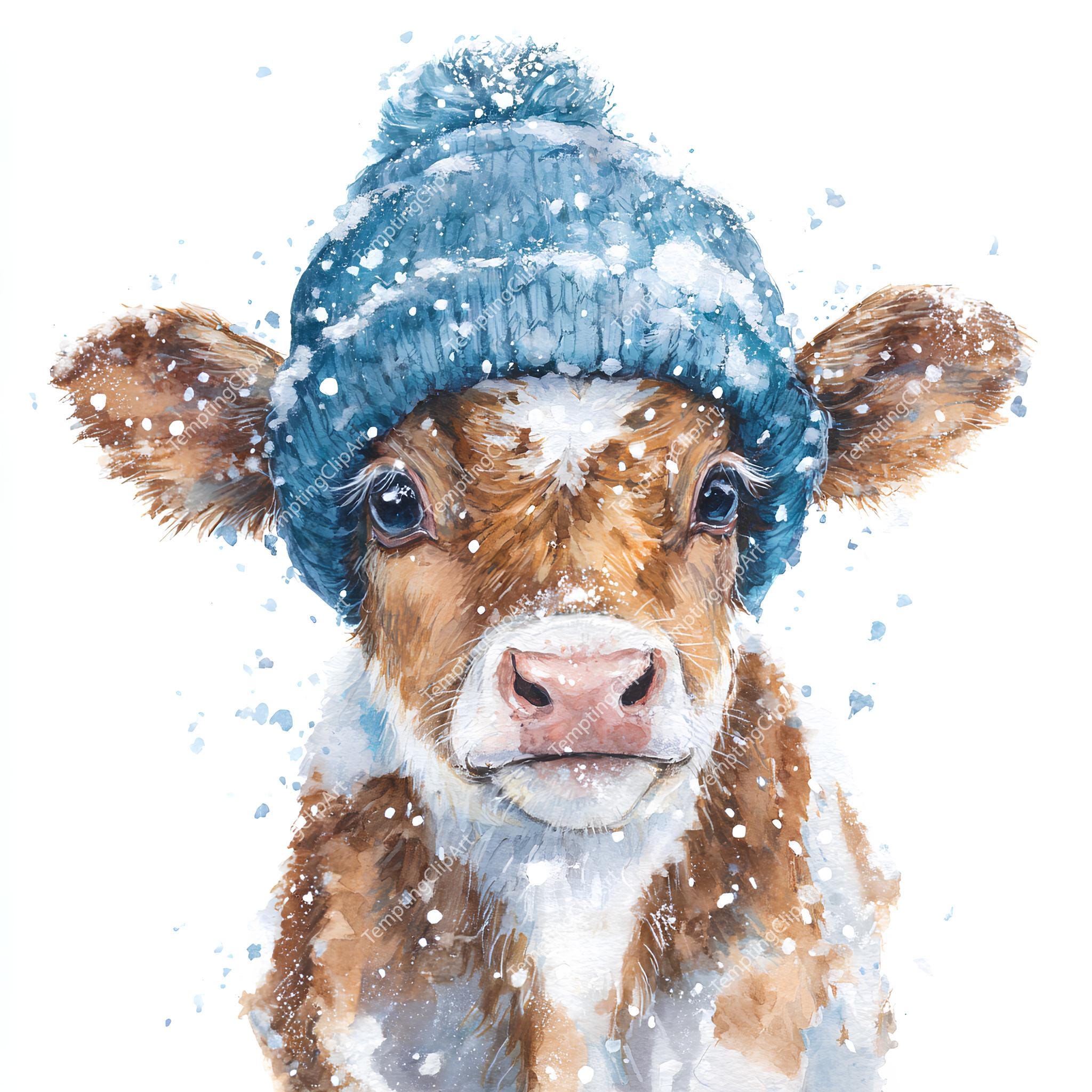 14 Christmas Cow Clipart | Cute Calf With Knitted Hat, Watercolor ...